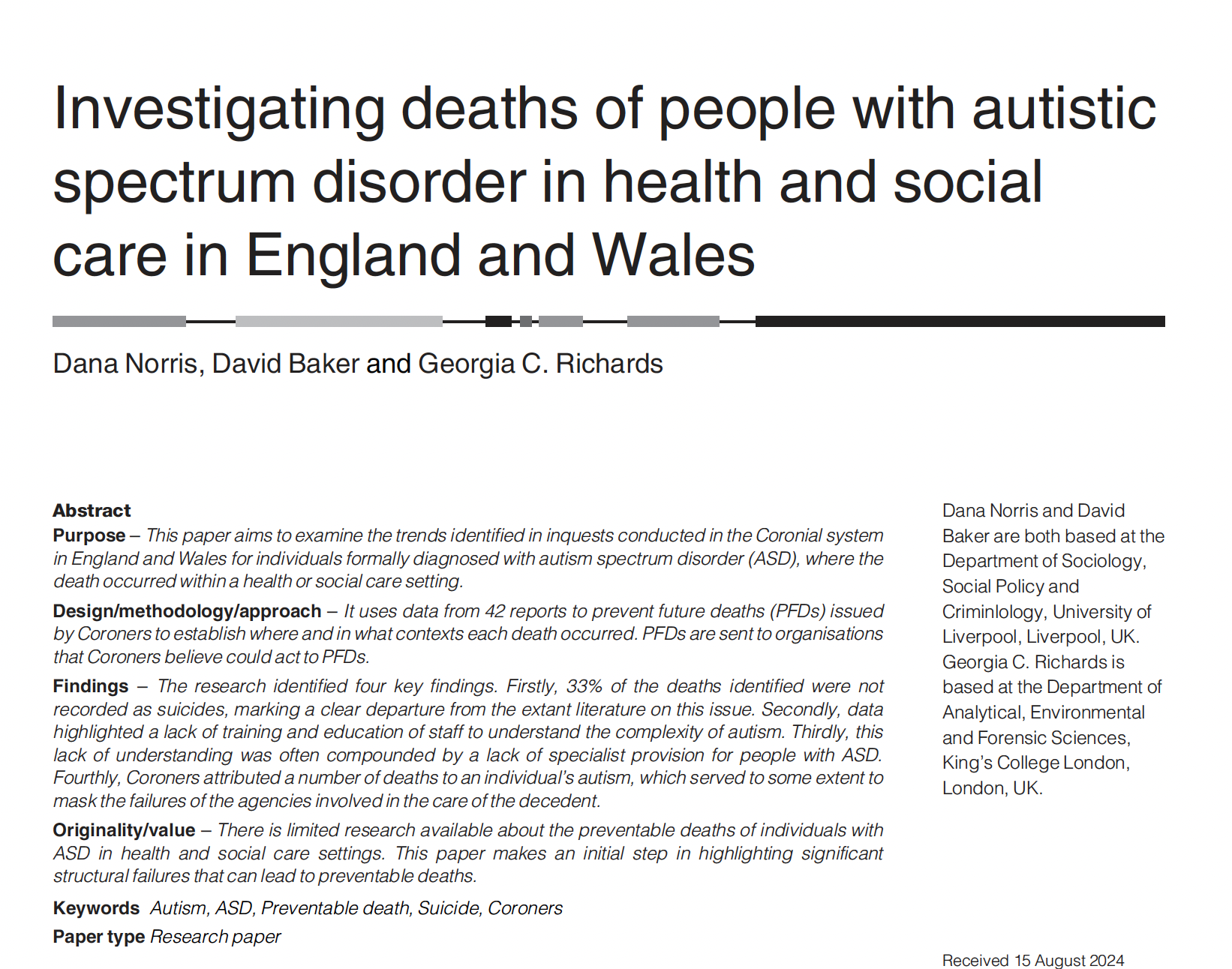 Autistic Spectrum Disorder – Preventable Deaths Tracker